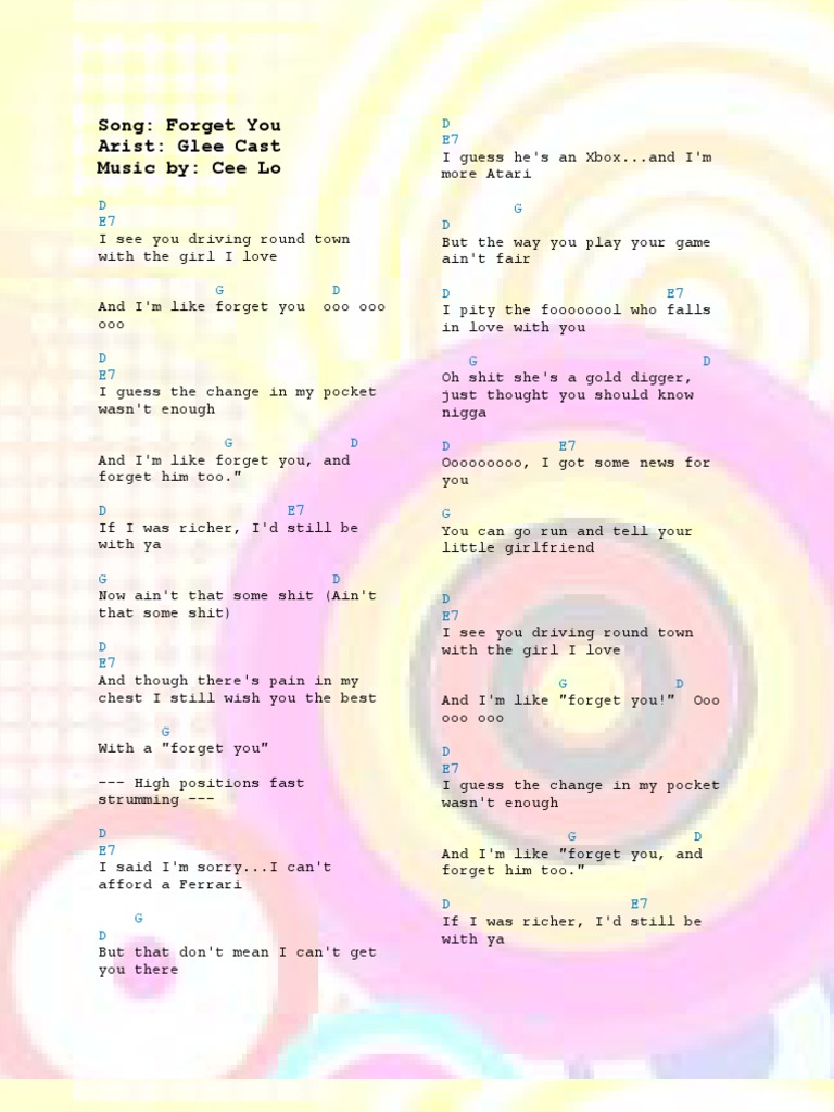 Song: Forget You Arist: Glee Cast Music by: Cee Lo | Number One Singles ...