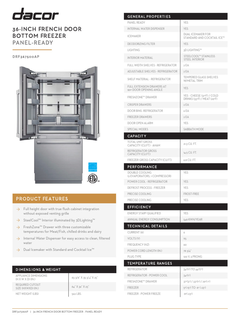 Fridge Spec Sheet | PDF | Refrigerator | Temperature