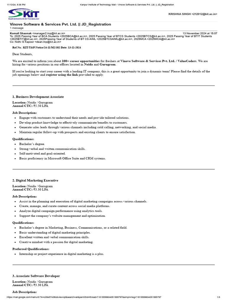 Vinove Software & Services Pvt. Ltd. - JD - Registration | PDF | Computing