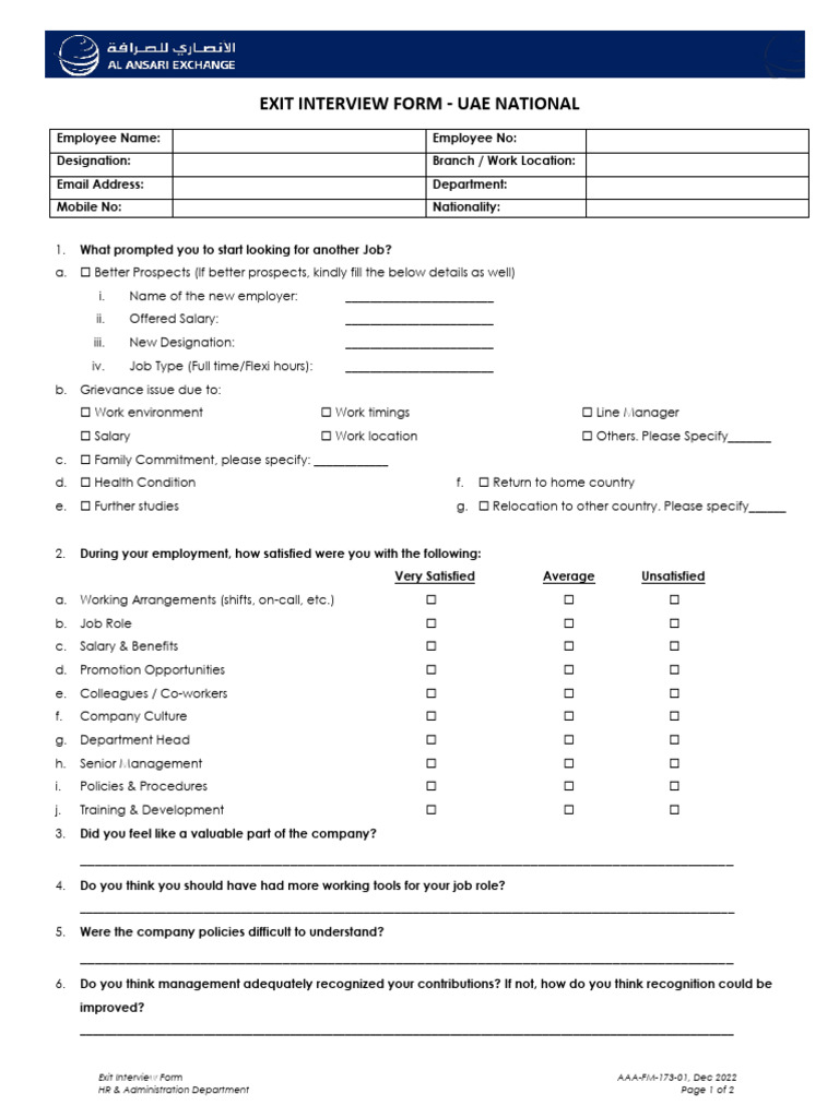 Exit Interview Form for UAE Nationals | PDF | Employment | Salary