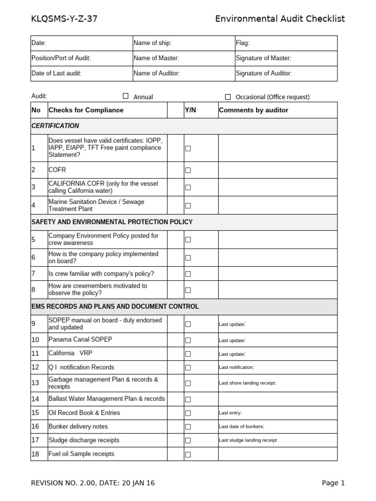 Y-Z-37 Rev.2.00 Environmental Audit Checklist - XLSM | PDF | Shipping