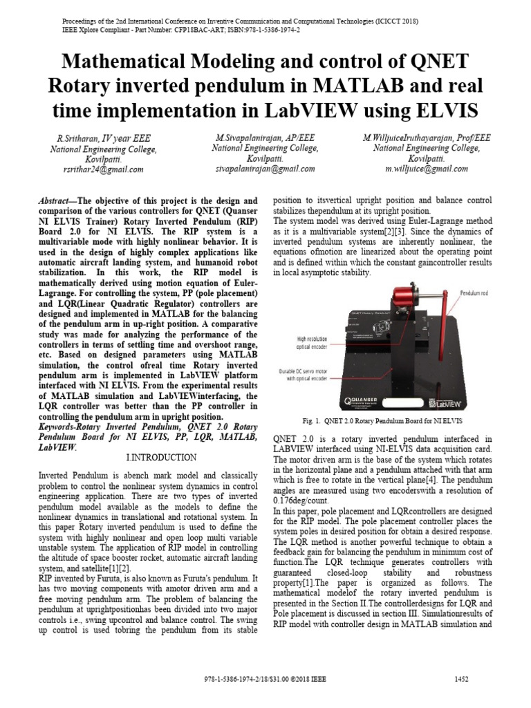 Mathematical Modeling and Control of QNET Rotary Inverted Pendulum in MATLAB and Real Time ...