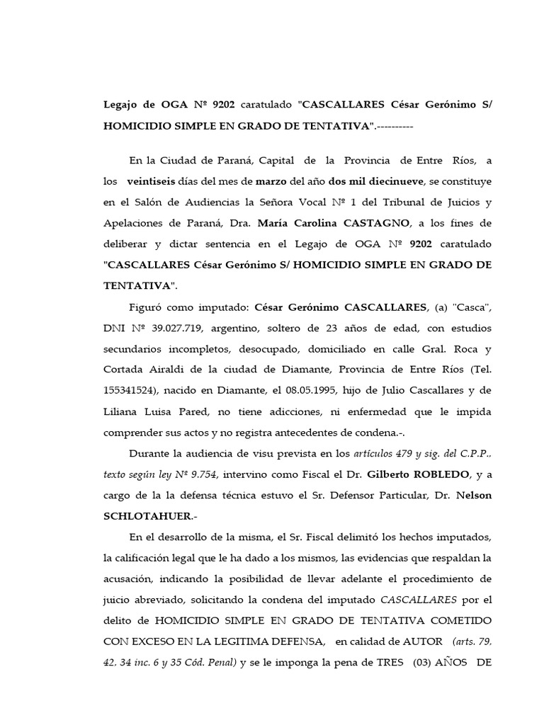 Cascallares Cesar Geronimo S. Homicidio Simple en Grado de Tentativa ...