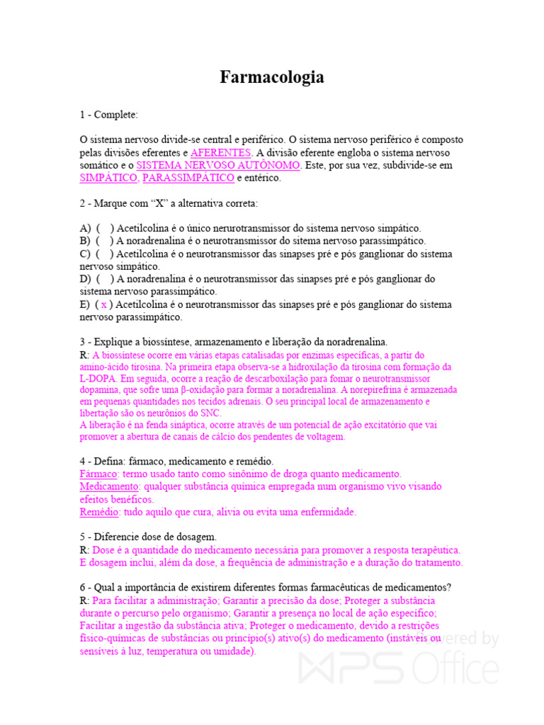 1 Avaliação de Farmacologia Veterinária UFPI - 2016 | PDF | Antagonista ...