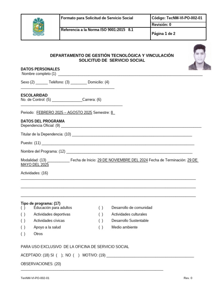 TecNM-VI-PO-002-01 Solicitud de Servicio Social | PDF