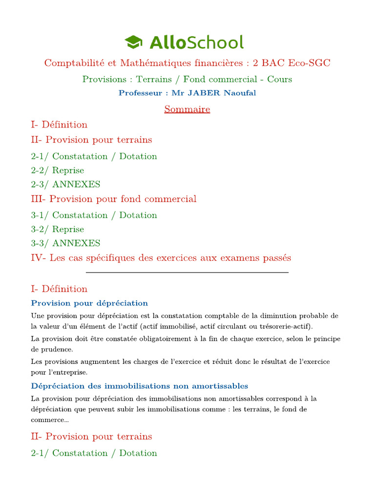 Provisions Terrains Fond Commercial Cours | PDF