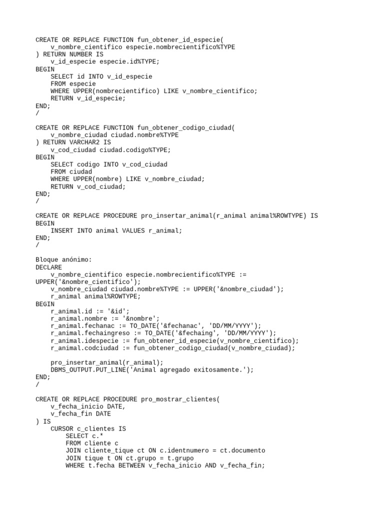 Funciones y Procedimientos PL/SQL para Gestión de Datos | PDF