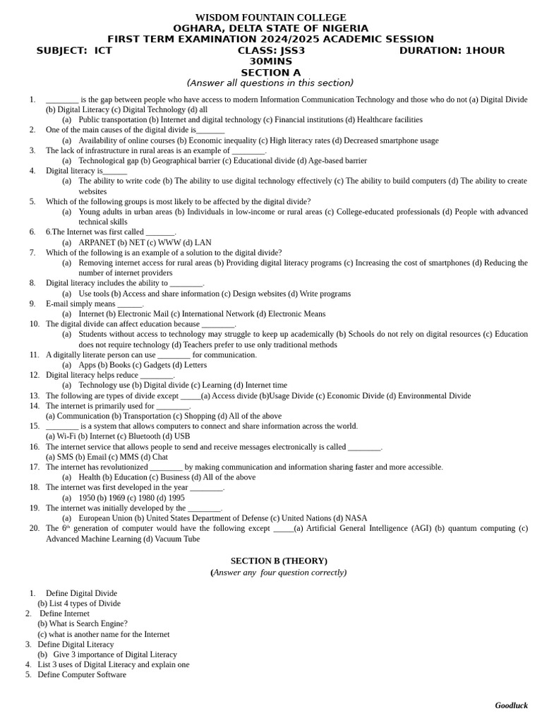 JSS3 Ict Questions | PDF | Information And Communications Technology ...