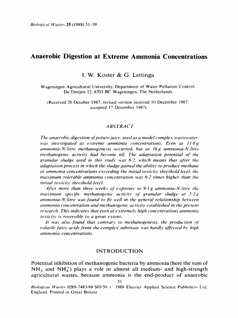 Anaerobic Digestion at High Ammonia Levels | PDF | Anaerobic Digestion ...