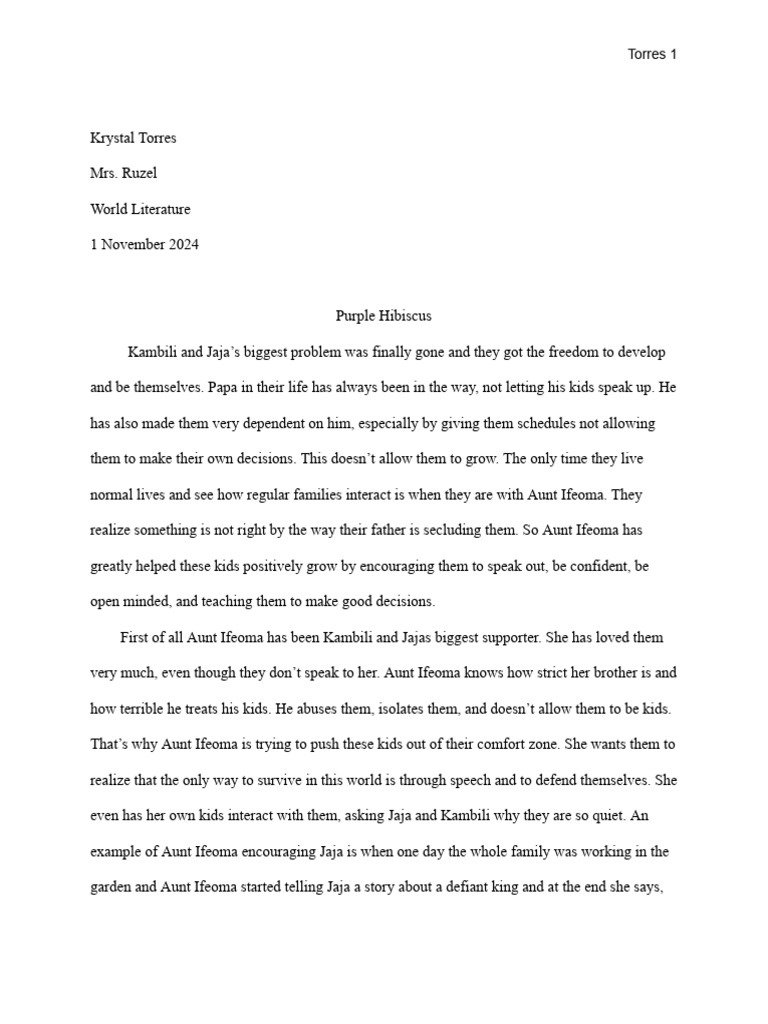 Krystal Torres - Purple Hibiscus Essay - 13874786 | PDF