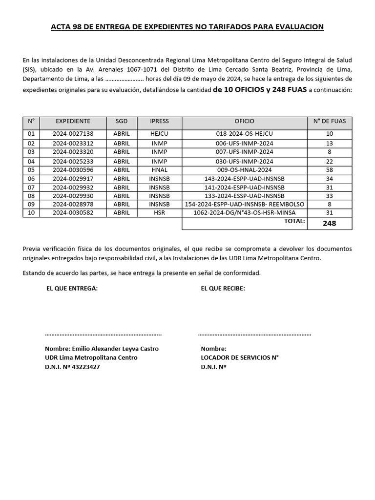 98 Acta de Entrega de Documentos PNT - Oaa | PDF