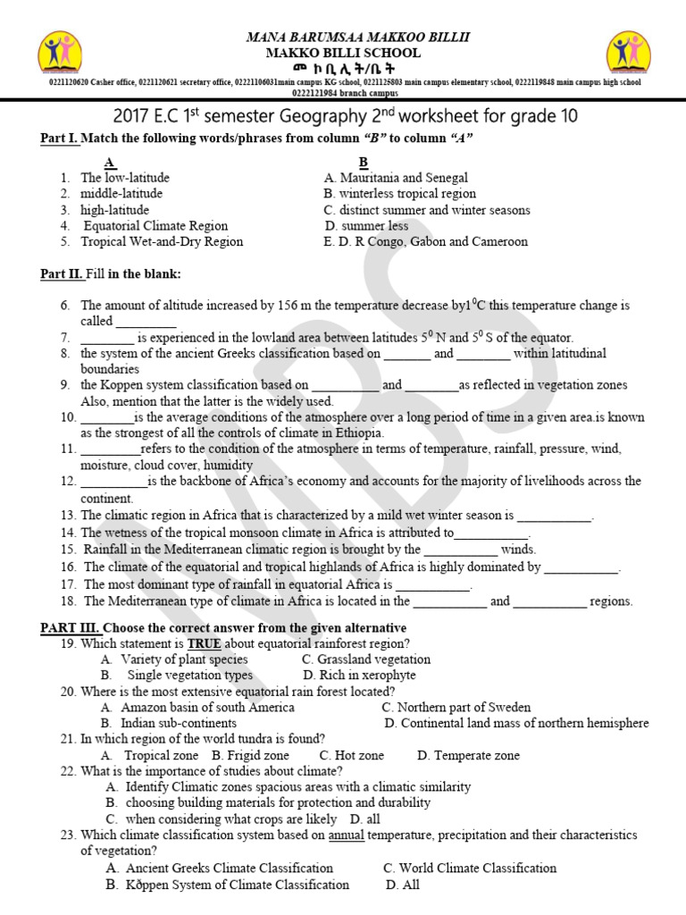 Geography Grade 10 Second Worksheet | PDF | Temperate Climate | Climate