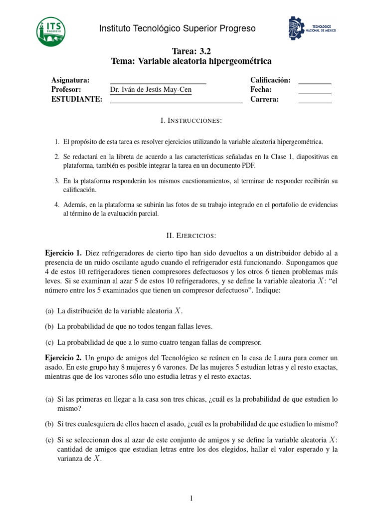 Tarea 3 2 Variable Aleatoria Hipergeometrica IGE | PDF | Variable aleatoria | Teoría de probabilidad