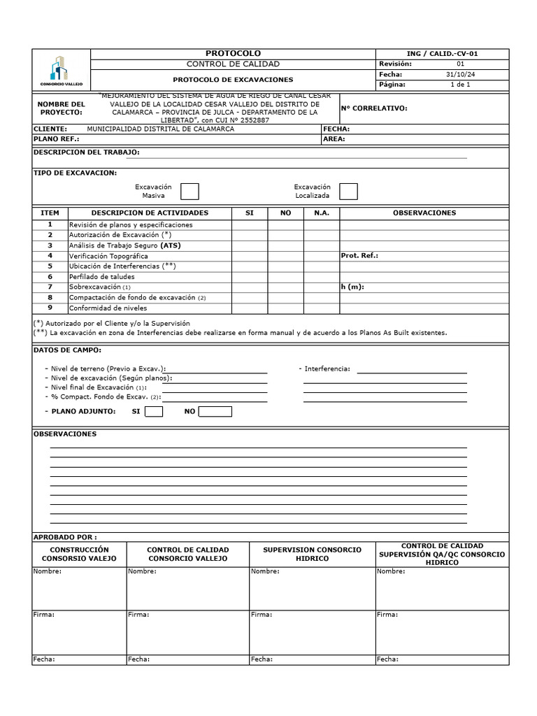 Protoc. Calidad Rep. Excavaciones | PDF
