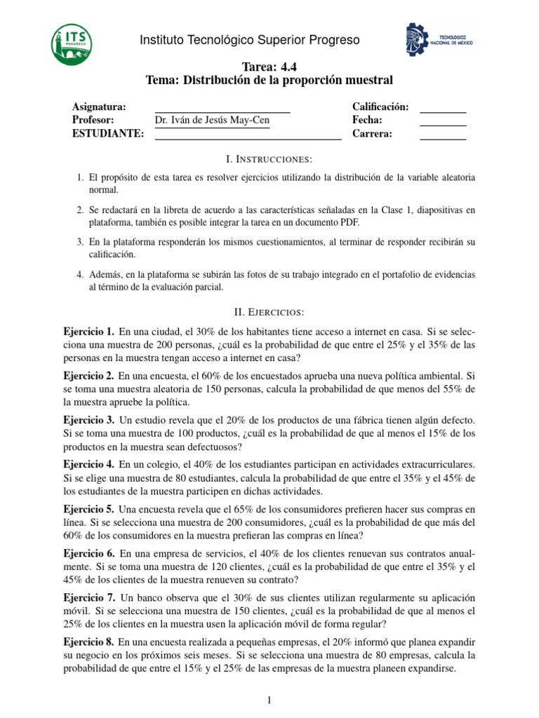 Tarea 4 4 Distribucion de La Proporcion Muestral | PDF | Probabilidad