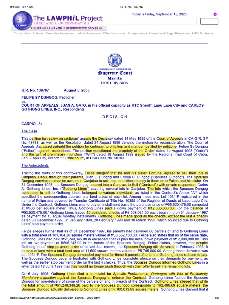 Dungog vs. Gothong Lines: Property Dispute | PDF | Certiorari | Injunction
