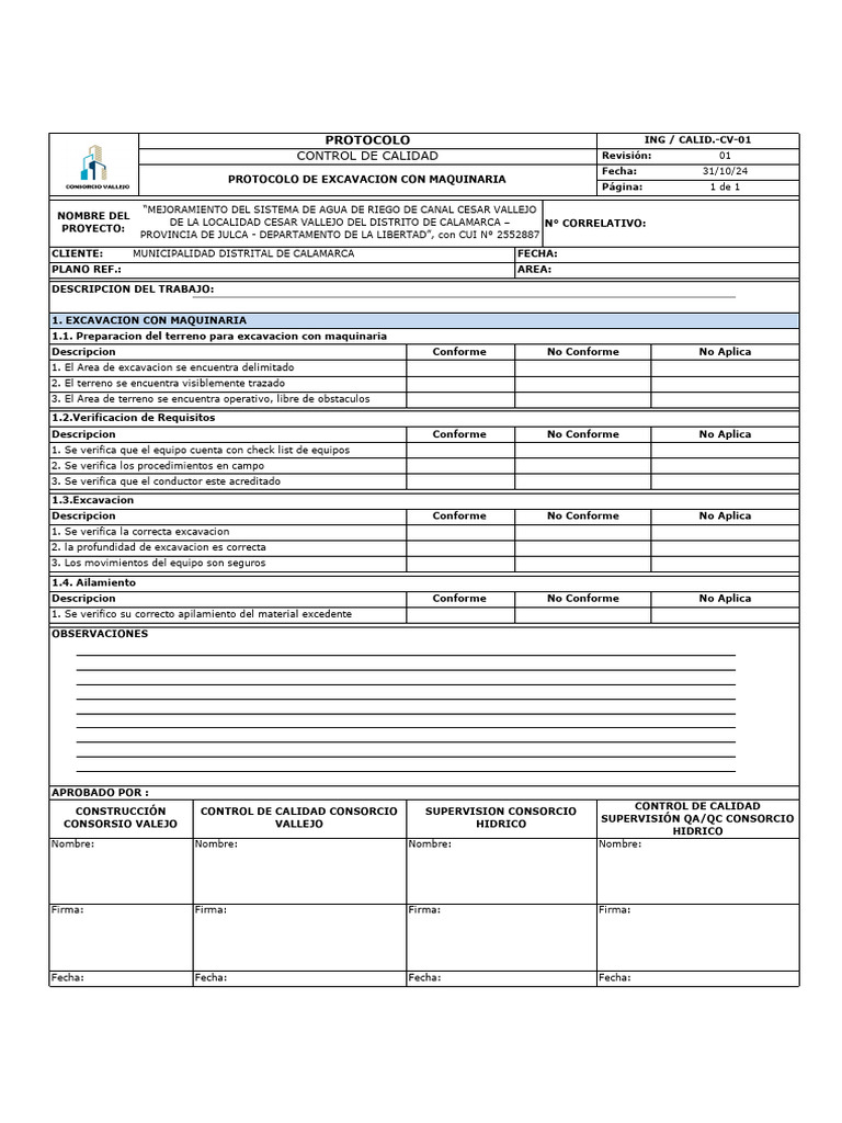 PROTOC. CALIDAD Rep. Excavaciones Con Maquinaria | PDF | Métodos de evaluación