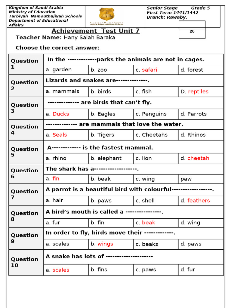 Grade 5 Achievement Test: Animals & Vocabulary | PDF | Birds