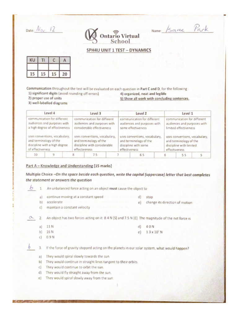 Sph4u Unit 1 Test - Dynamics | PDF