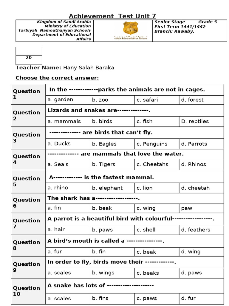 Grade 5 Unit 7 Achievement Test | PDF | Birds