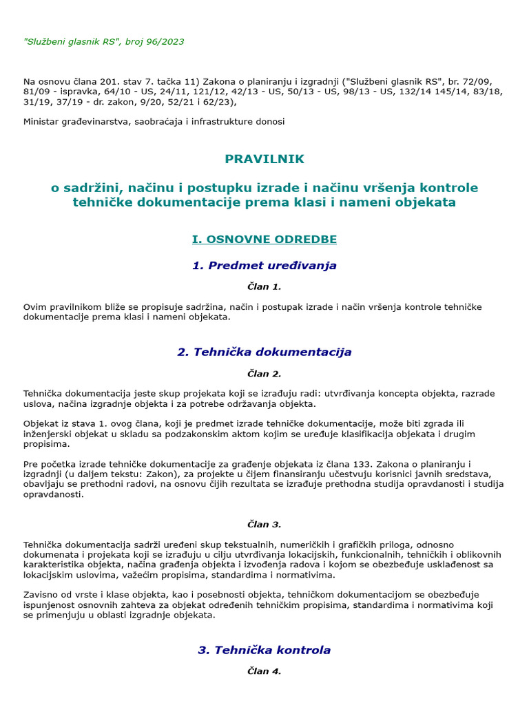 Pravilnik Tehnicka Dokumentacija Sa Prilozima RS 96 2023 | PDF