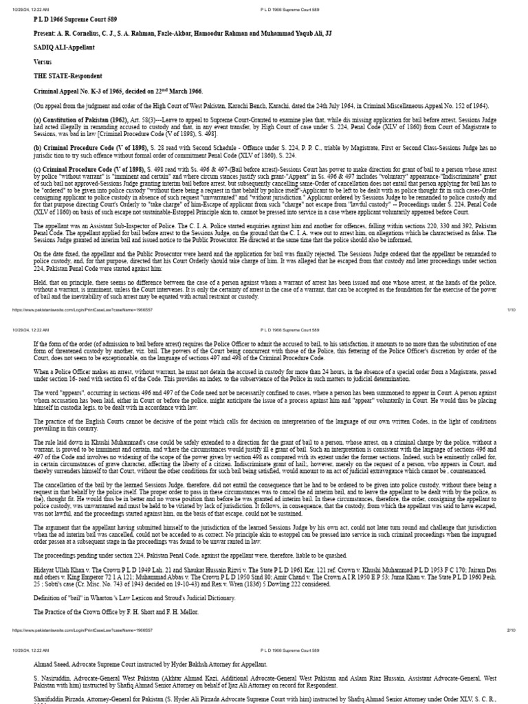 P L D 1966 Supreme Court 589 | PDF | Bail | Arrest