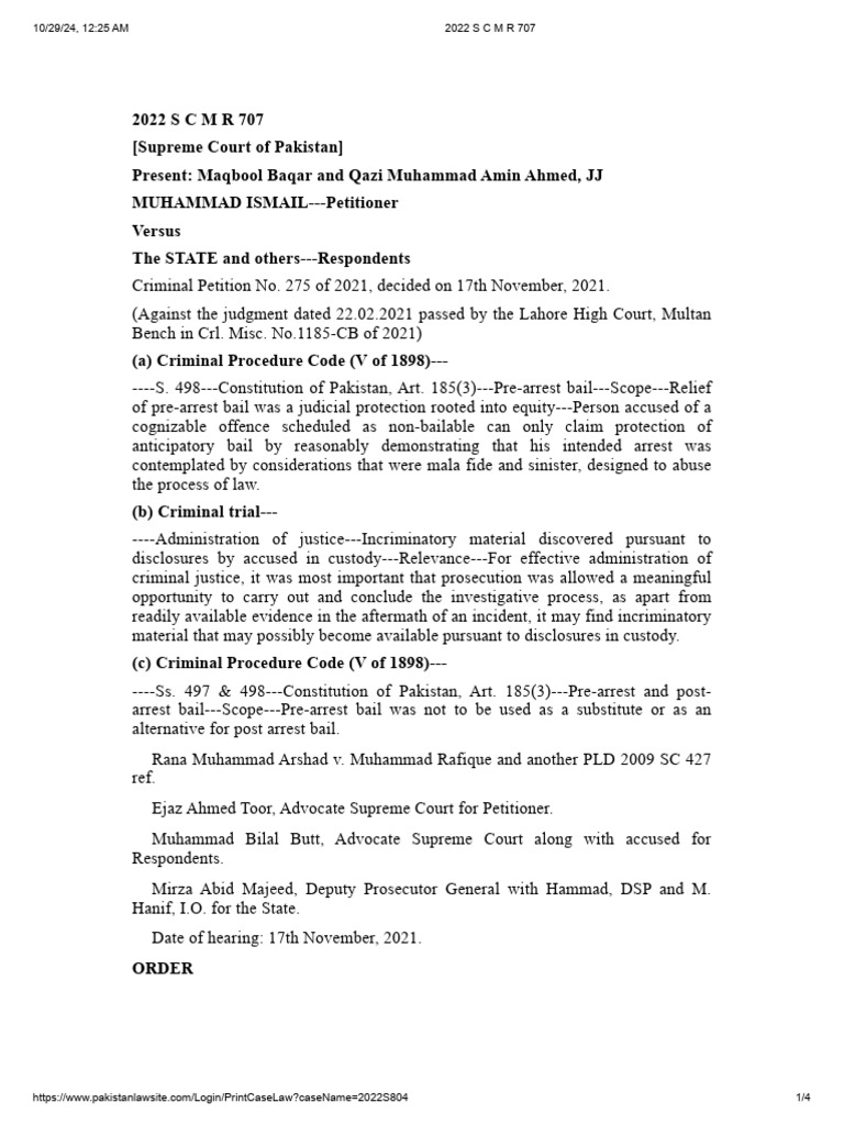 2022 S C M R 707 Pre Arrest | PDF | Bail | Arrest