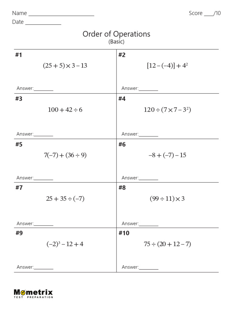 Grade 6 Order of Operations Worksheets | PDF