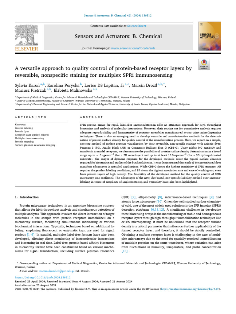 A Versatile Approach To Quality Control of Protein-Based Receptor Layers by Reversible ...