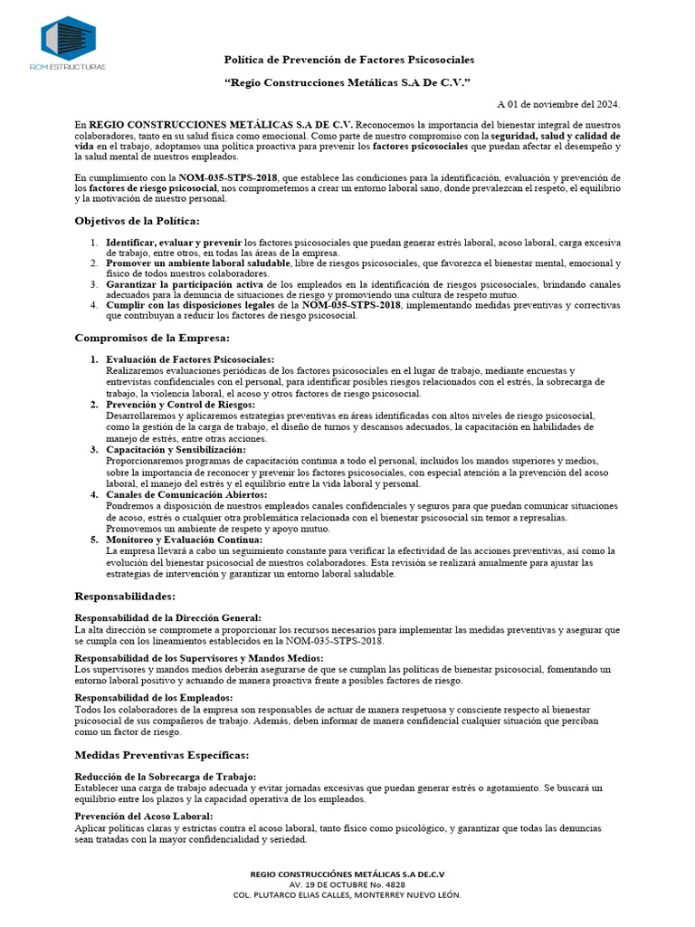 Politica Nom-035 - STPS | PDF | Estrés (biología) | Business