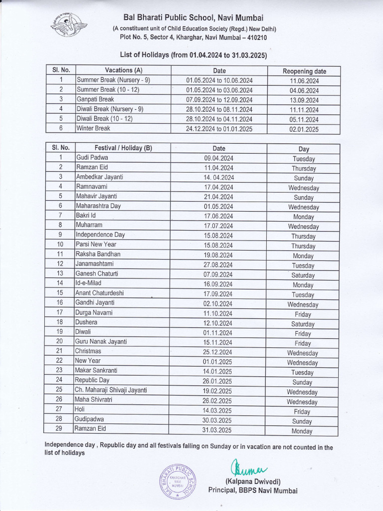 BBPS NM List of Holidays 2024 25 Revised | PDF | Religious Festivals ...