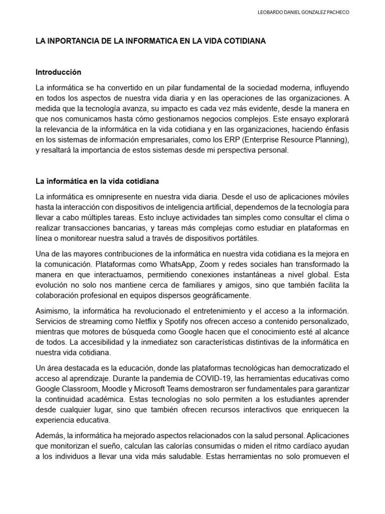 La Importancia de La Informatica en La Vida Cotidiana | PDF | Planificación de recursos ...