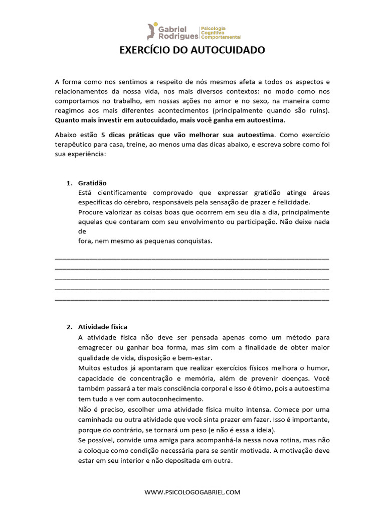 Autocuidado Exercício Terapêutico | PDF | Prazer | Autoestima