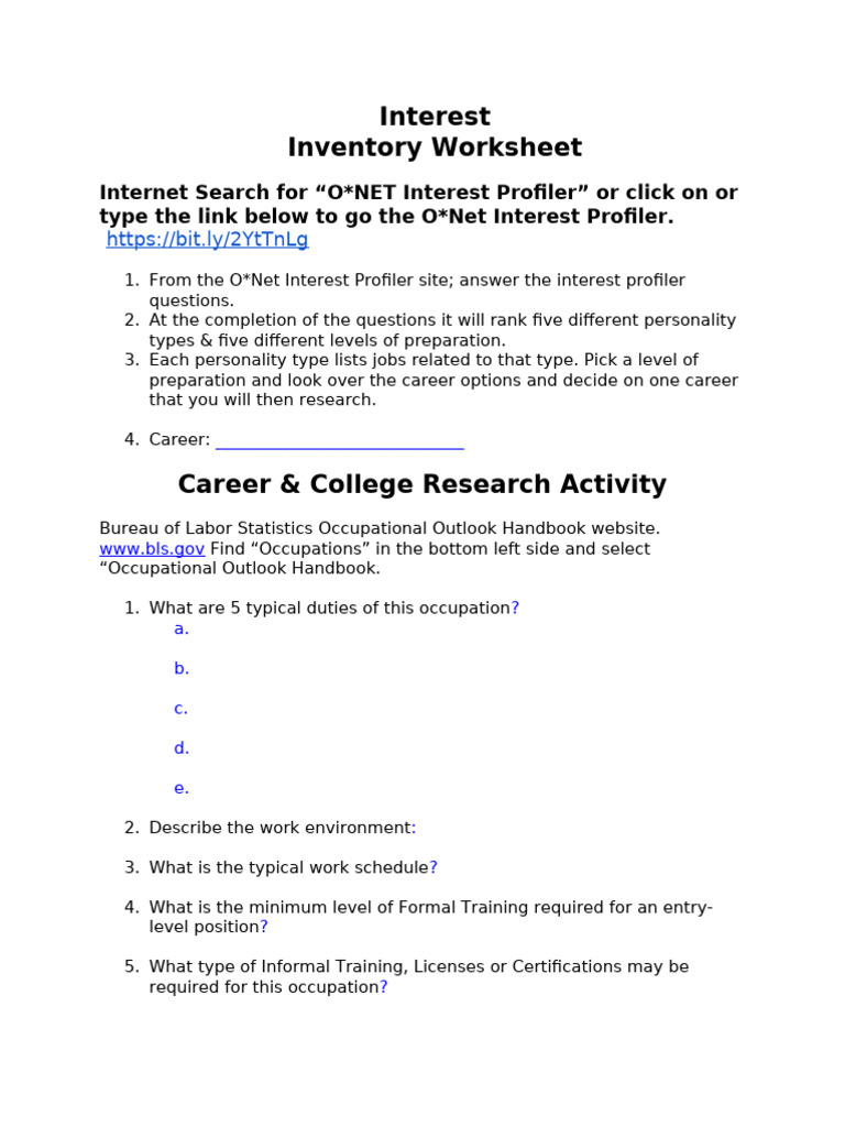 Copy of Interest Inventory Worksheet | PDF | Business | Labor