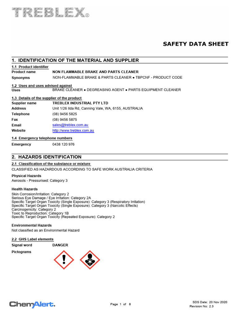 TREBLEX NON FLAMMABLE BRAKE CLEANER TBPCNF - Sds | PDF | Personal Protective Equipment | Toxicity