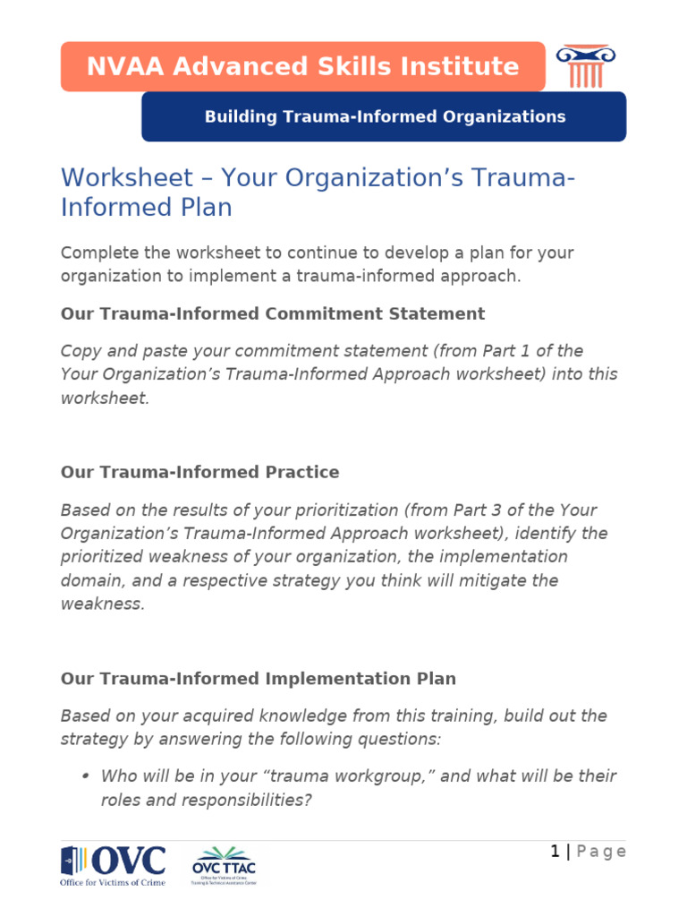 Worksheet - Your Organization's Trauma-Informed Plan | PDF