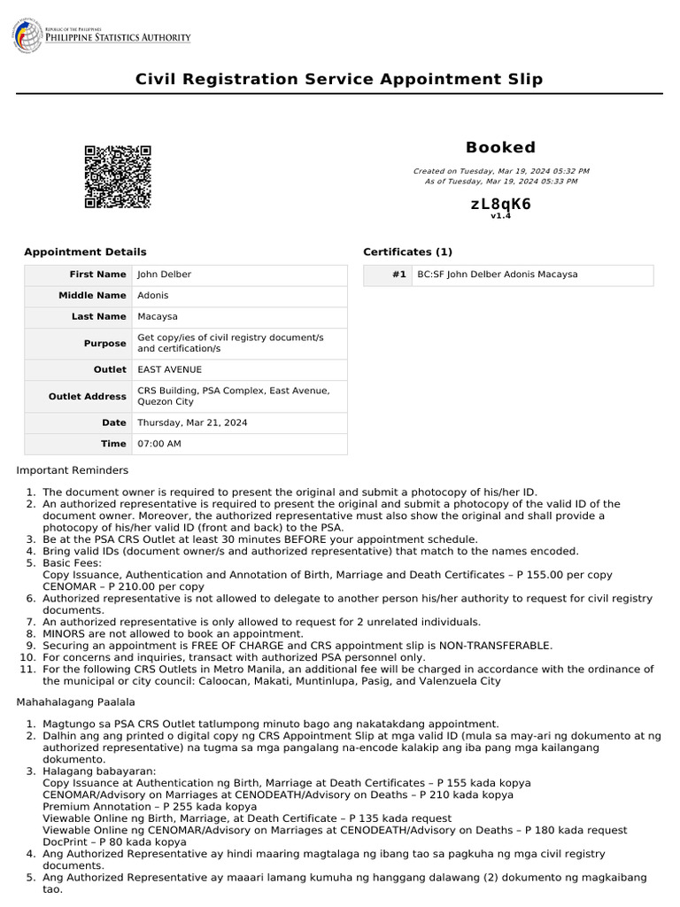Civil Registration Service Appointment Slip: zL8qK6 | PDF