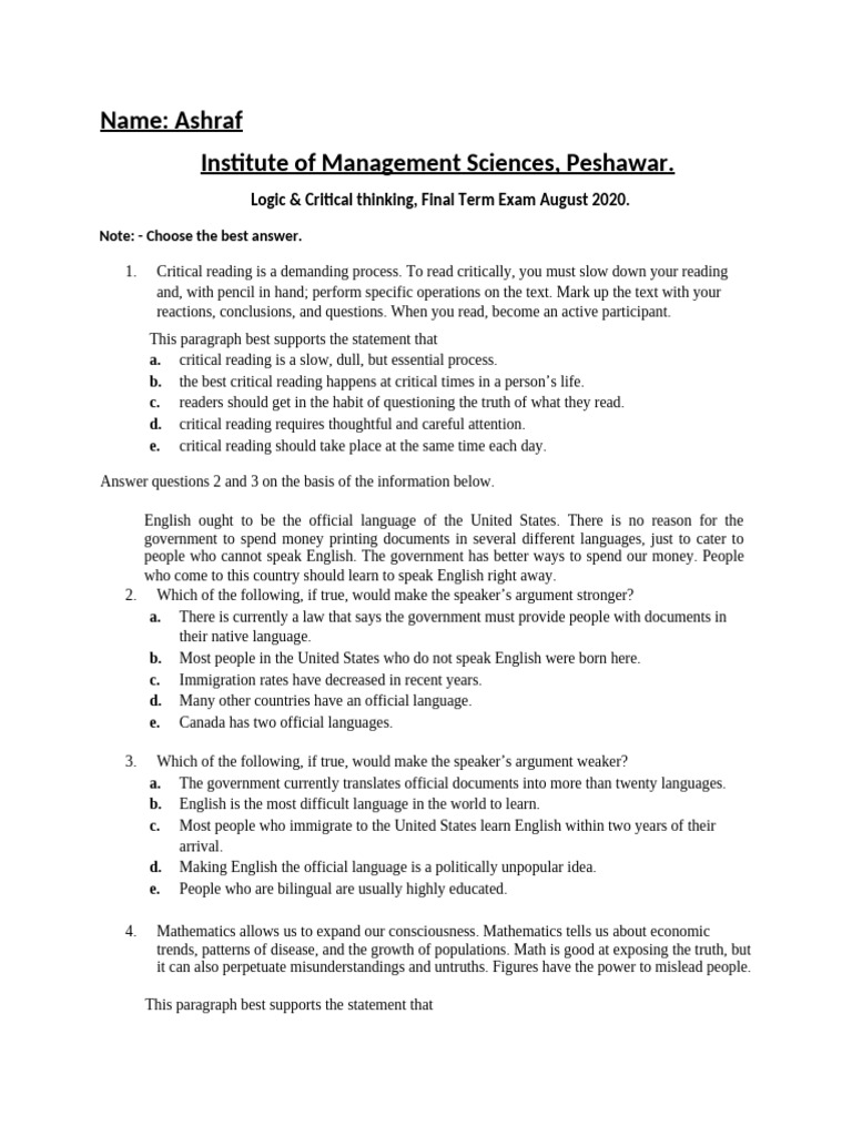 Logic Paper BBA | PDF | Argument | Deductive Reasoning