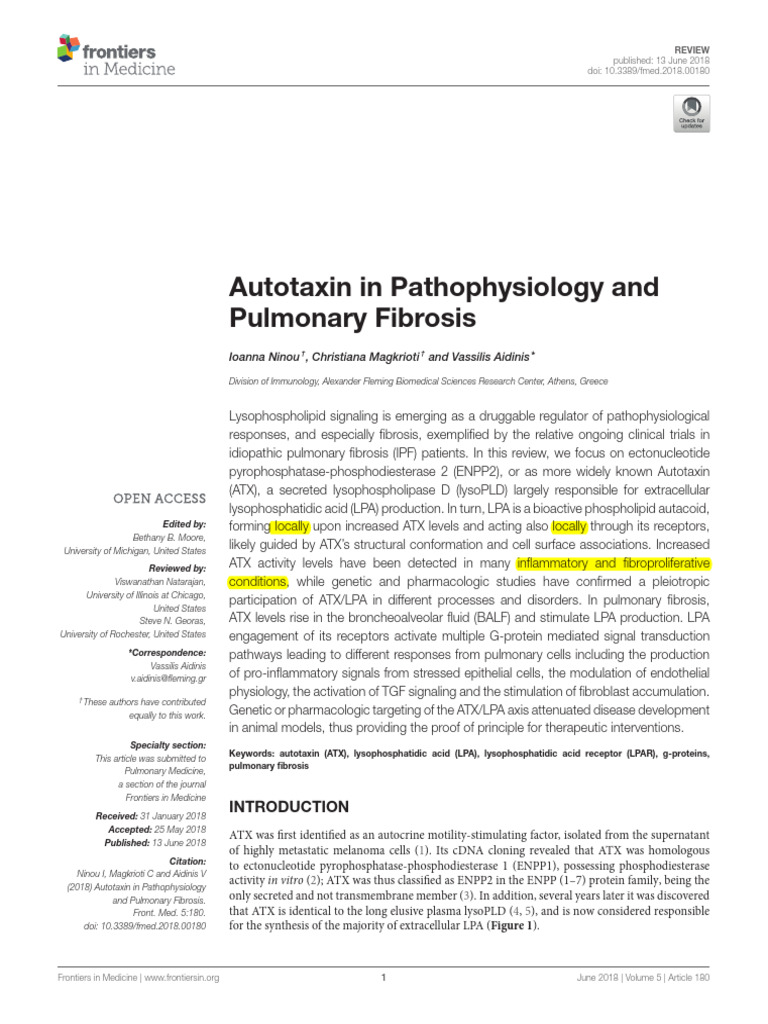 Autotaxin in Pathophysiology and Pulmonary Fibrosis | PDF ...