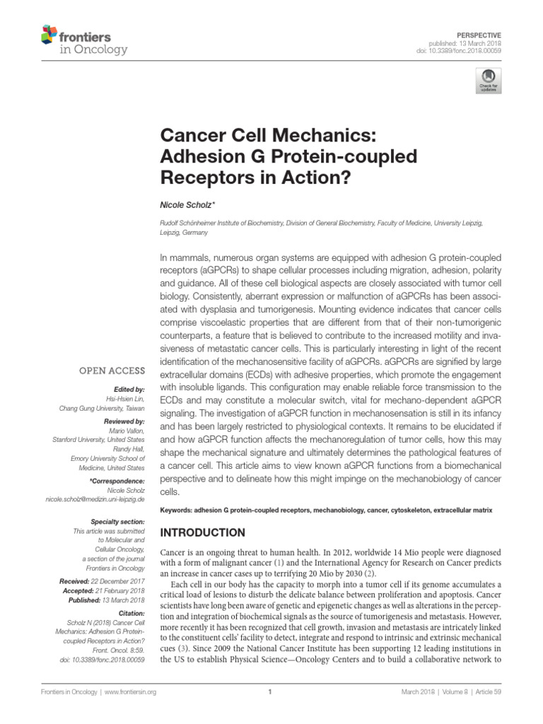 Cancer Cell Mechanics Adhesion G Protein-Coupled Receptors in Action ...