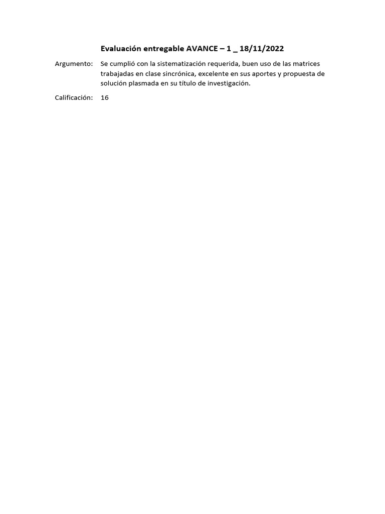 Evaluación del Avance del Entregable | PDF