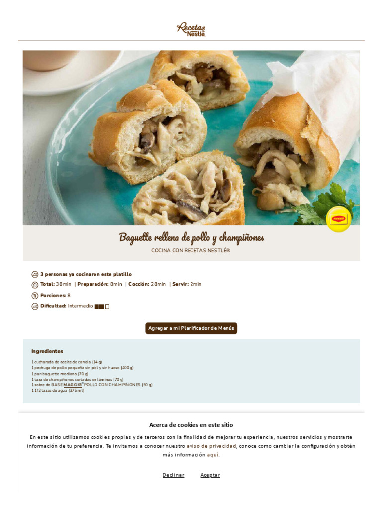 Baguette Relleno de Pollo y Champiñones - Recetas Nestlé | PDF | Panes | Alimentos