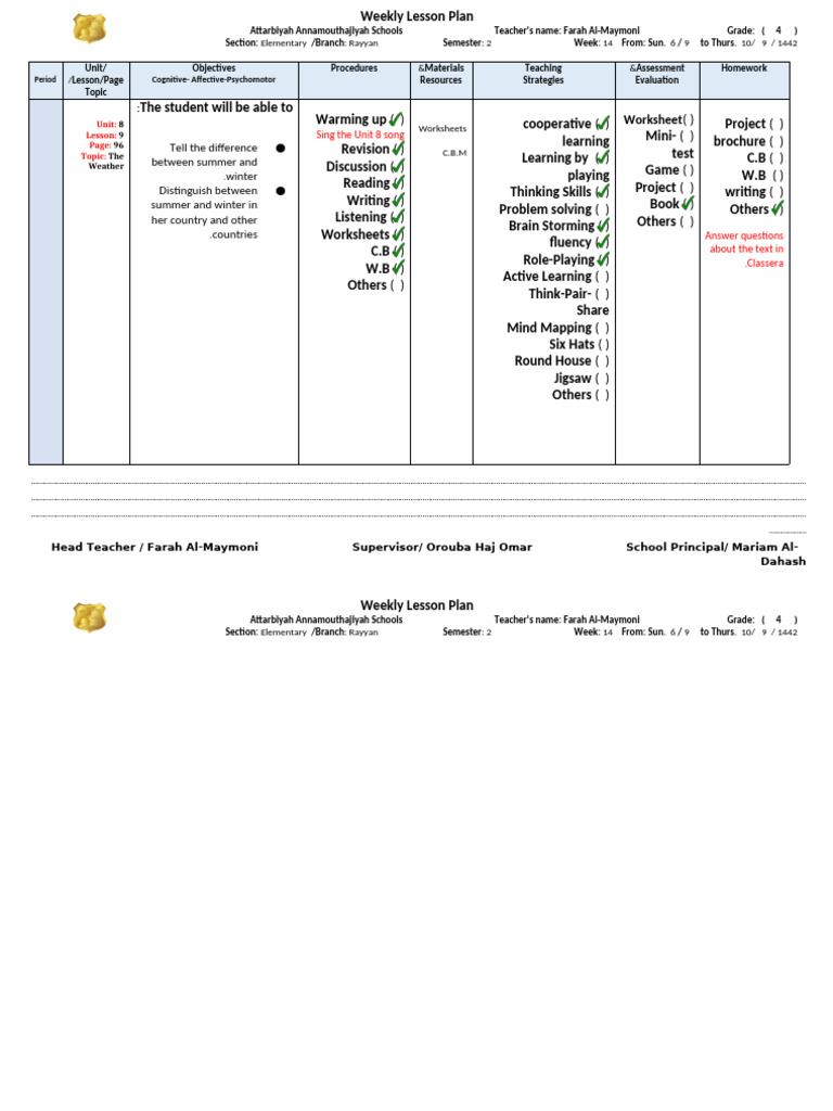Grade 4 Lesson Plan S2T2 U8L9 2020-2021 | PDF | Lesson Plan | Pedagogy
