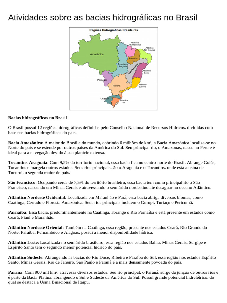 Atividades Sobre As Bacias Hidrográficas No Brasil | PDF | Brasil | Bacia hidrográfica