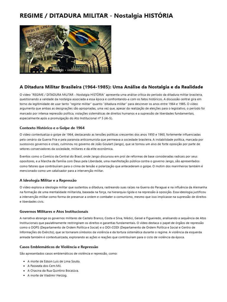 Nostalgia da Ditadura Militar Brasileira | PDF | Repressão política