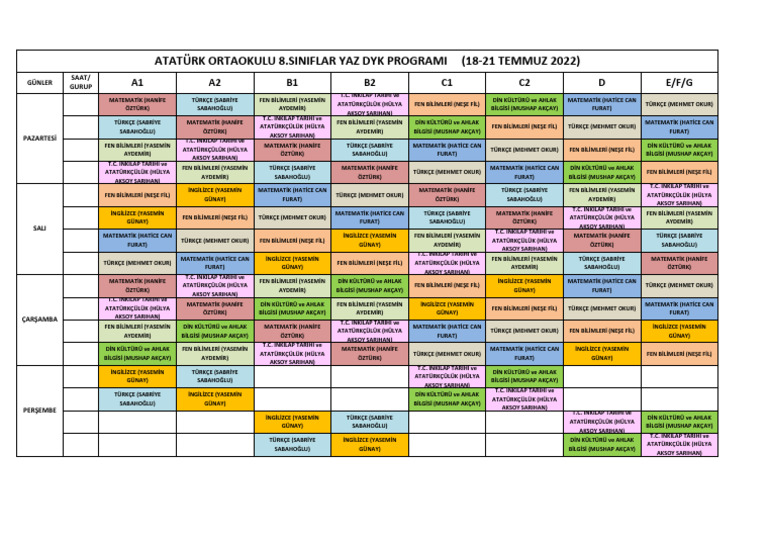 Atatürk Ortaokulu 8.siniflar Yaz Dyk Programi (18-21 Temmuz 2022) | PDF