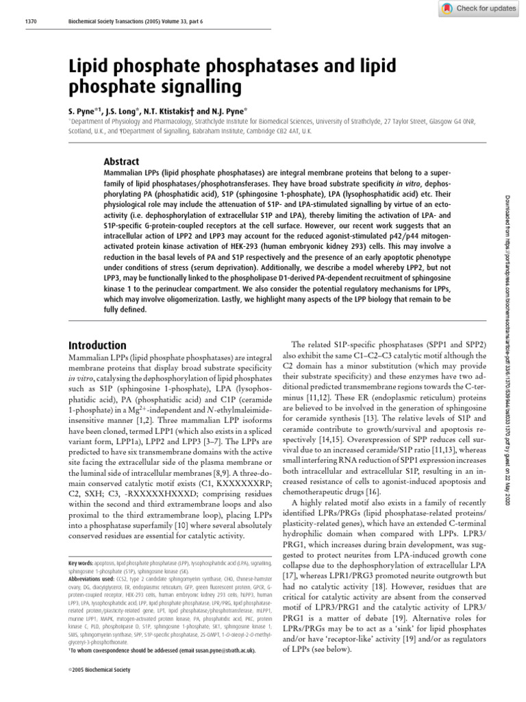LPPs and Lipid Phosphate Signaling | PDF | Kinase | Apoptosis