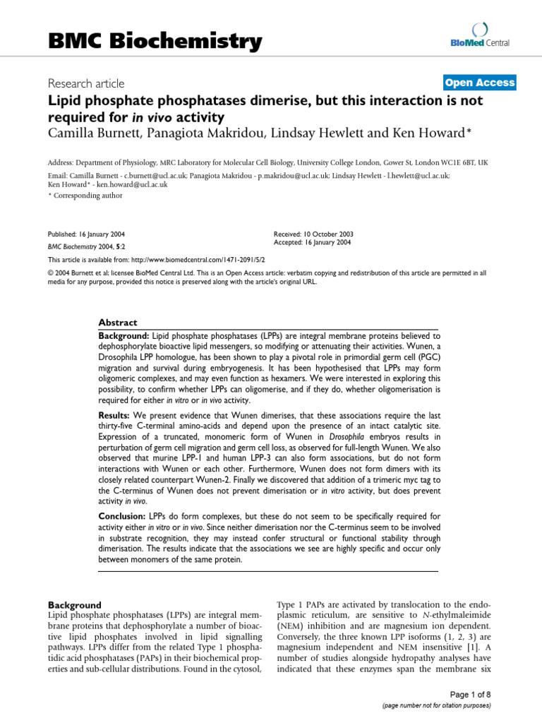 Lipid Phosphate Phosphatases Dimerise, But This Interaction Is Not ...