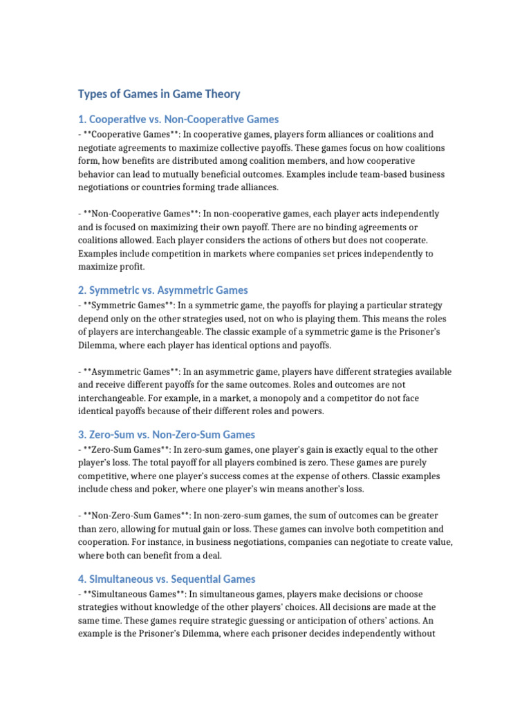 Types of Games in Game Theory | PDF | Game Theory | Economics Of ...