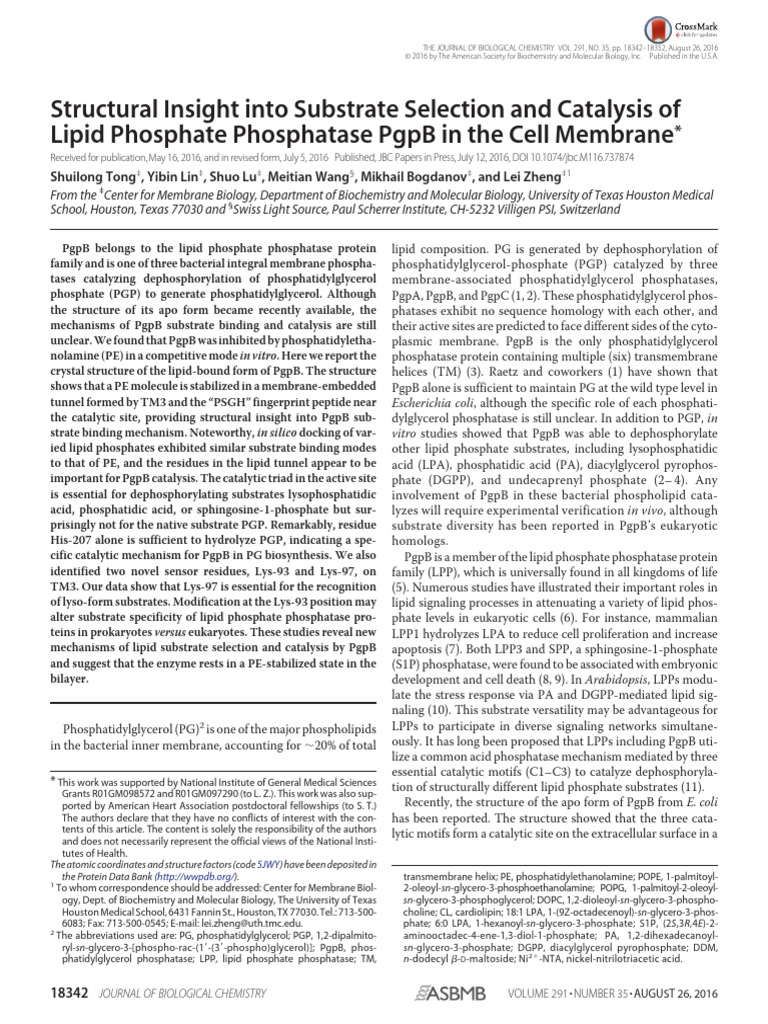 Structural Insight Into Substrate Selection and Catalysis of Lipid Phosphate Phosphatase PGPB in ...